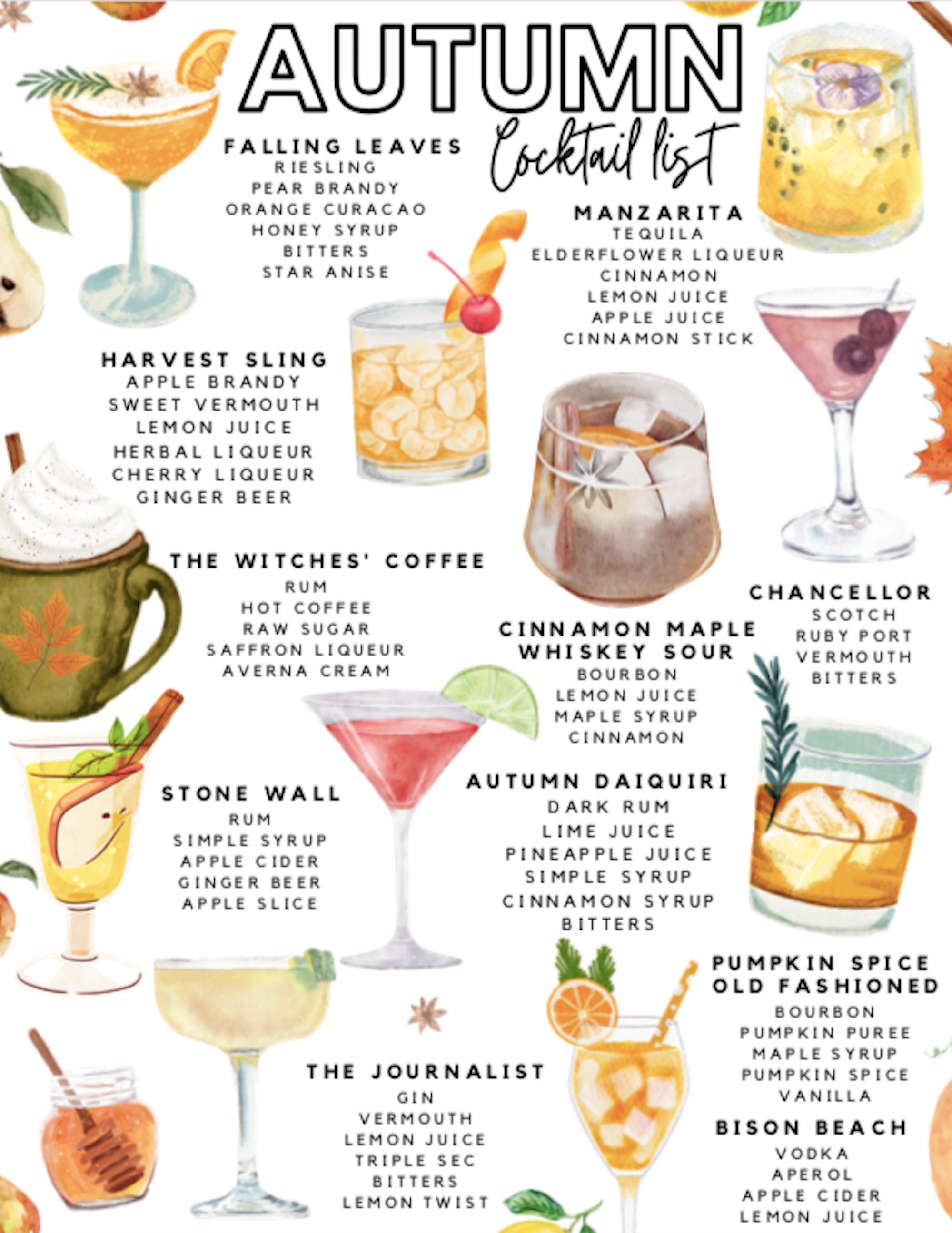 Printable Autumn Cocktail List | Fall Cocktail Recipes - Etsy
