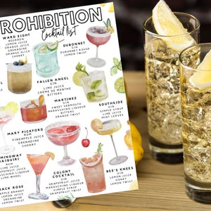 Printable Prohibition Cocktail List | 1920's Drink Recipes - Etsy