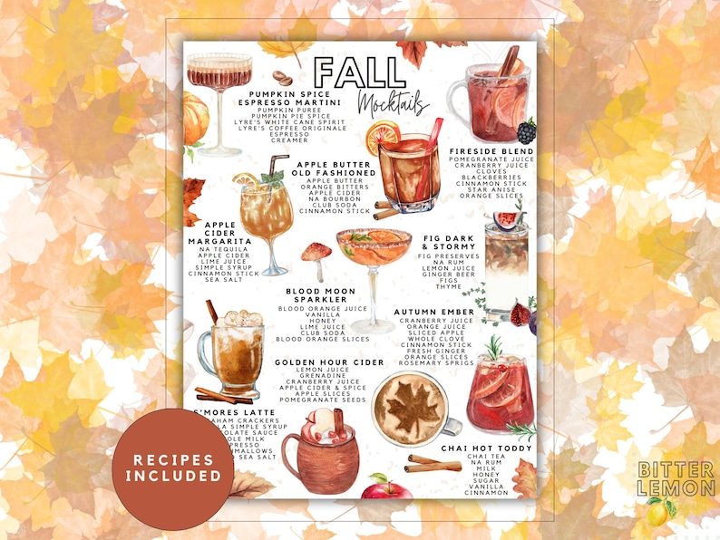 Printable Fall Mocktail List | Autumnal Non-alcoholic Drink Recipes - Etsy