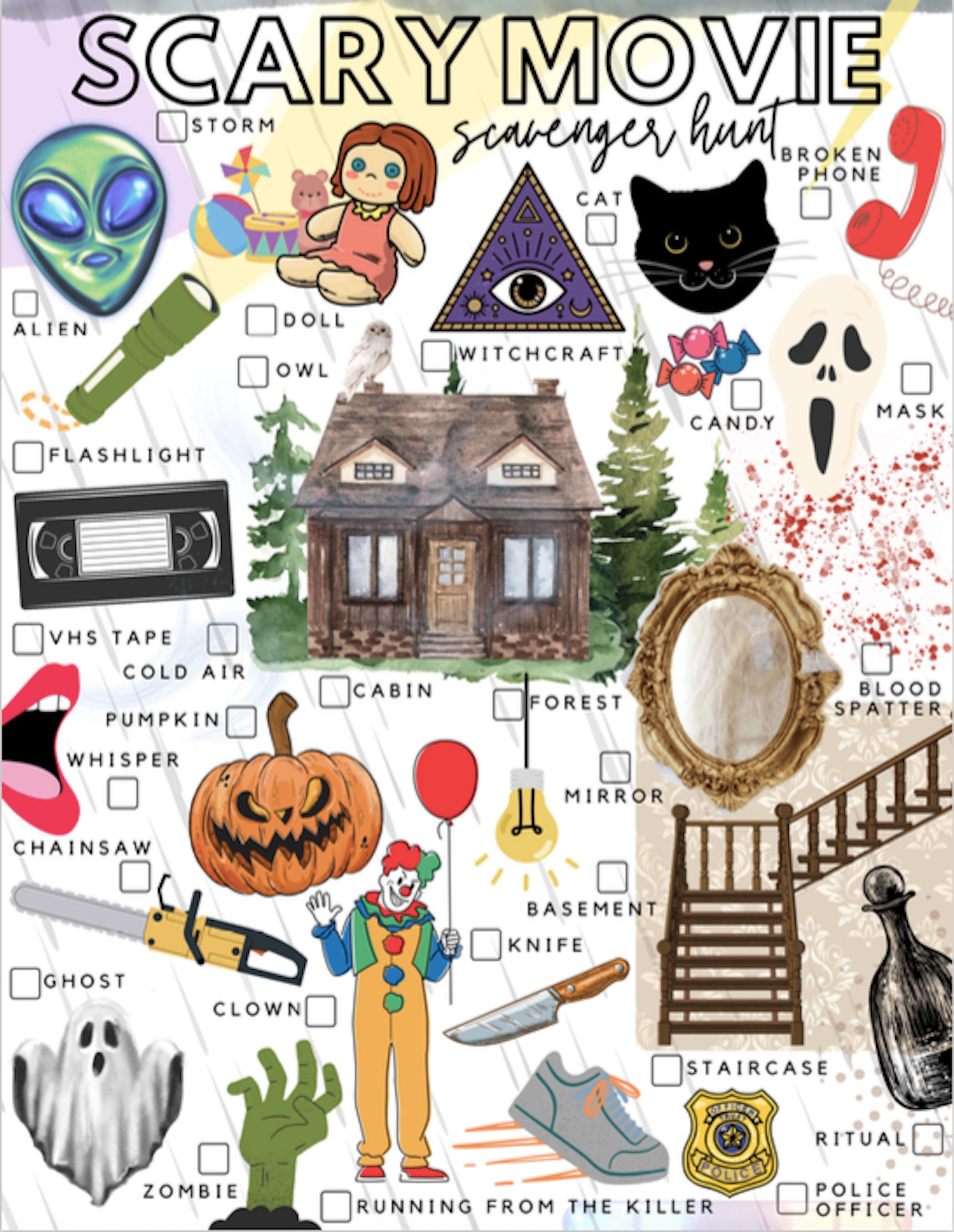 Printable Scary Movie Scavenger Hunt | Horror Movie Checklist - Etsy