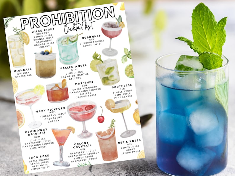 Printable Prohibition Cocktail List | 1920's Drink Recipes - Etsy