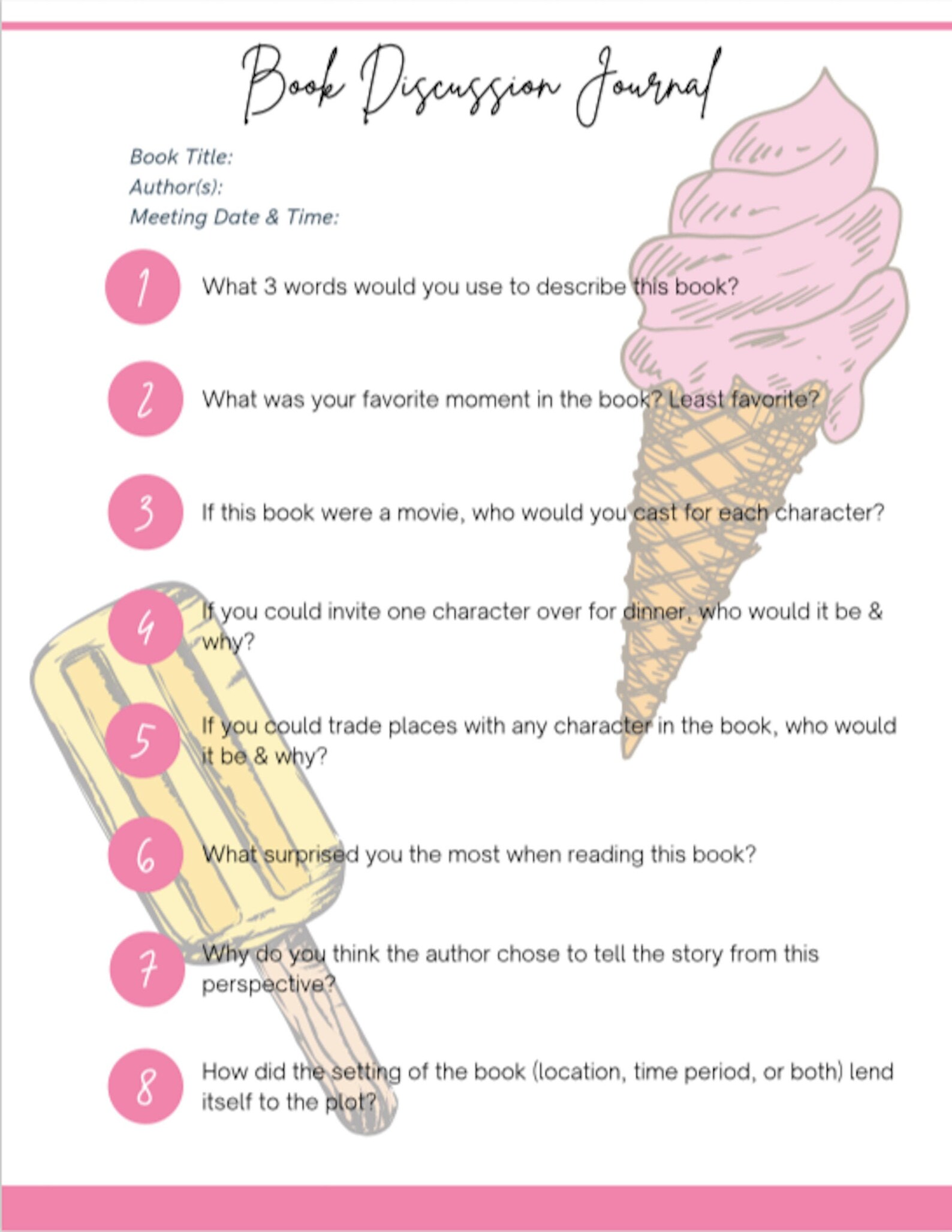 Book Club Discussion Journal Printable With Ice Cream Design - Etsy