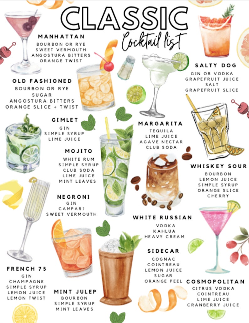 Printable Classic Cocktail List | Old Fashioned Classic Cocktail Recipes - Etsy