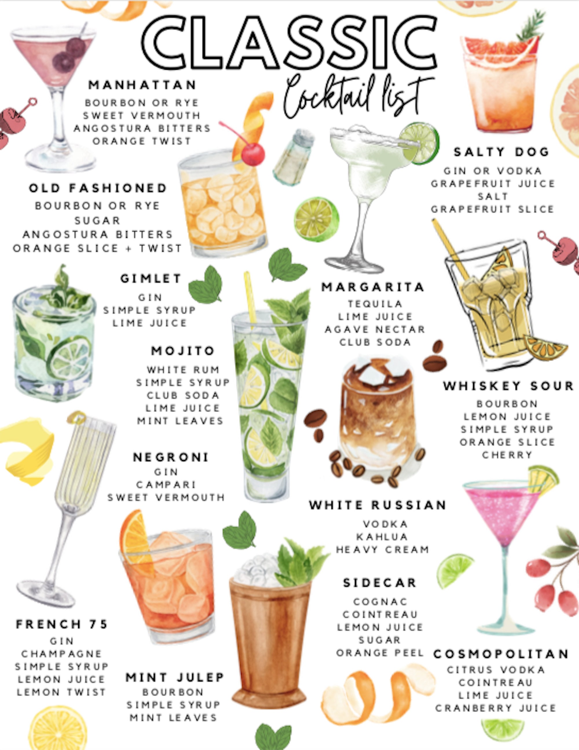 Printable Classic Cocktail List | Old Fashioned Classic Cocktail Recipes - Etsy