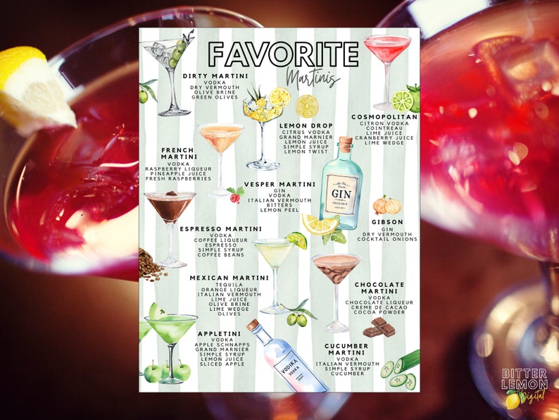Printable Favorite Martinis List | Classic Martini Recipes - Etsy