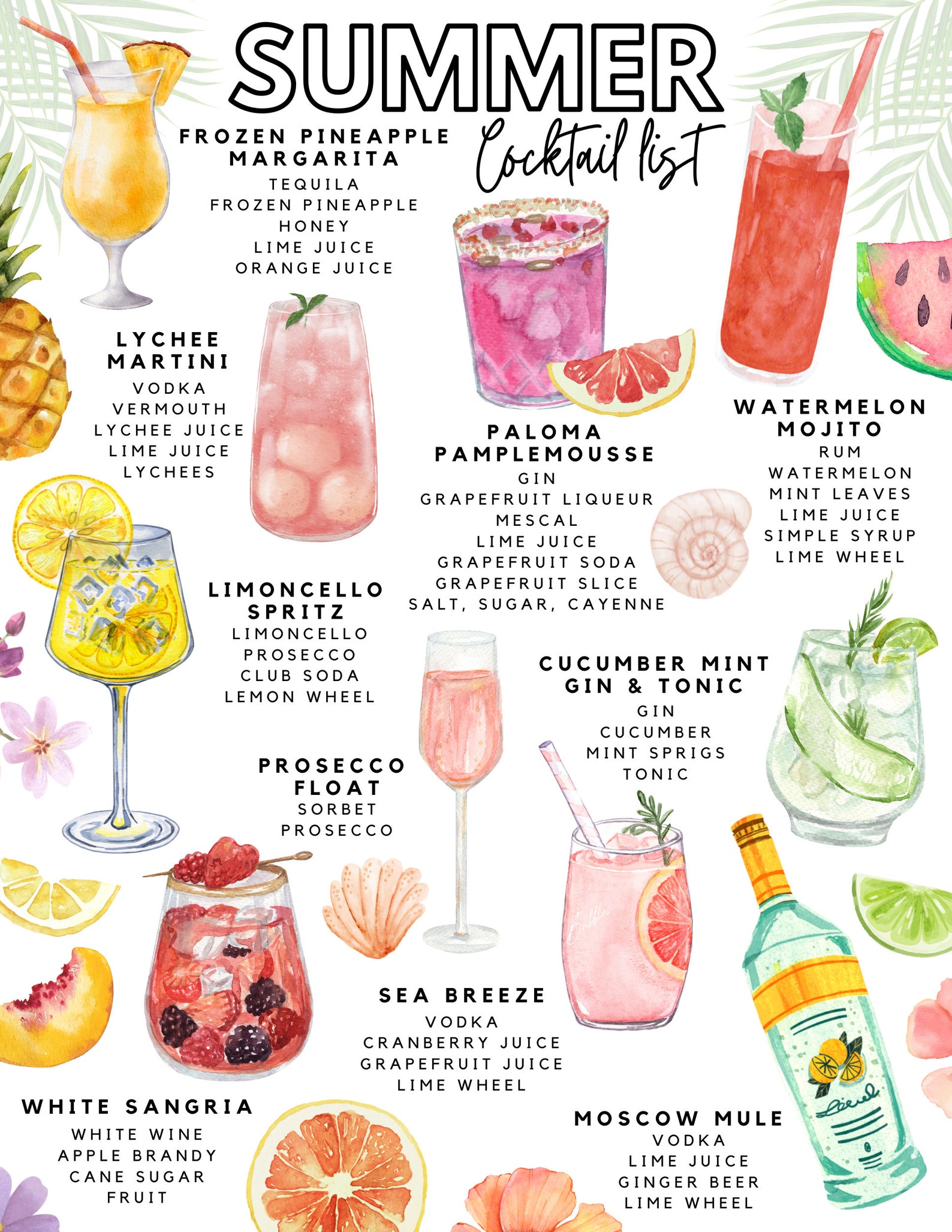 Printable Summer Cocktail List | Summer Drink Recipes - Etsy