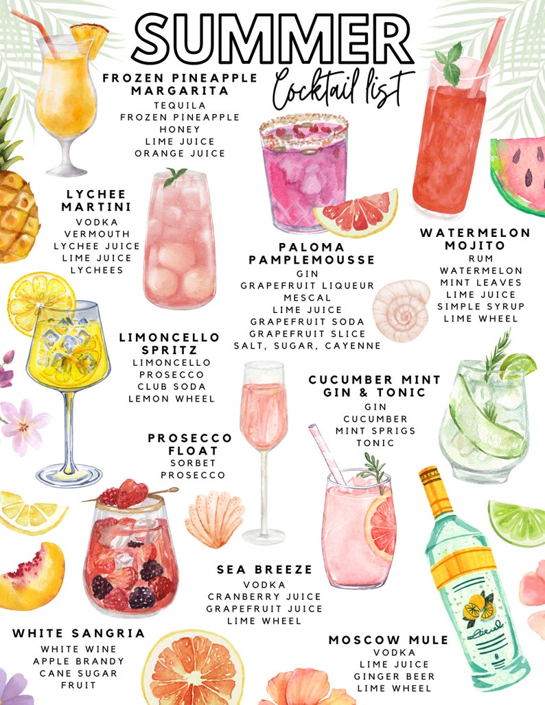 Printable Summer Cocktail List | Summer Drink Recipes - Etsy