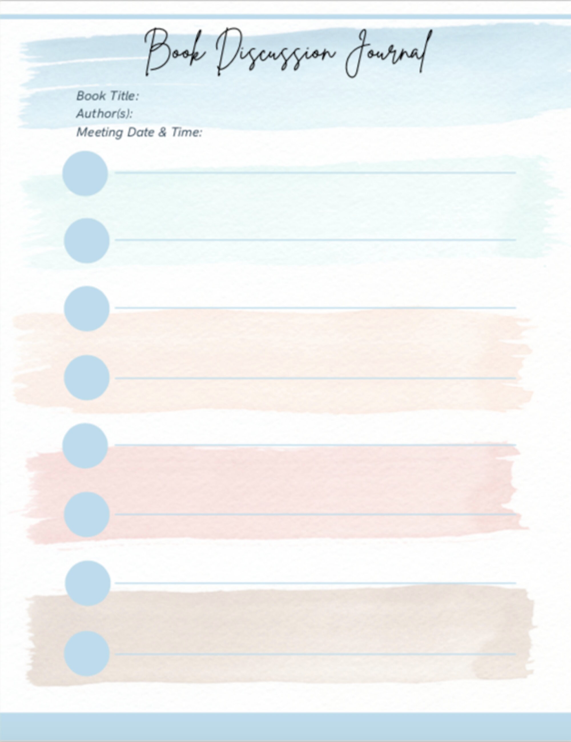 Book Club Discussion Journal Printable Watercolor Stripe - Etsy