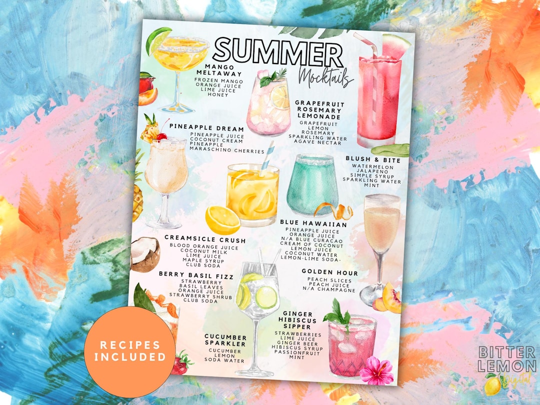 Summer Mocktails Recipes Printable | Non Alcoholic Pool Party Drinks - Etsy