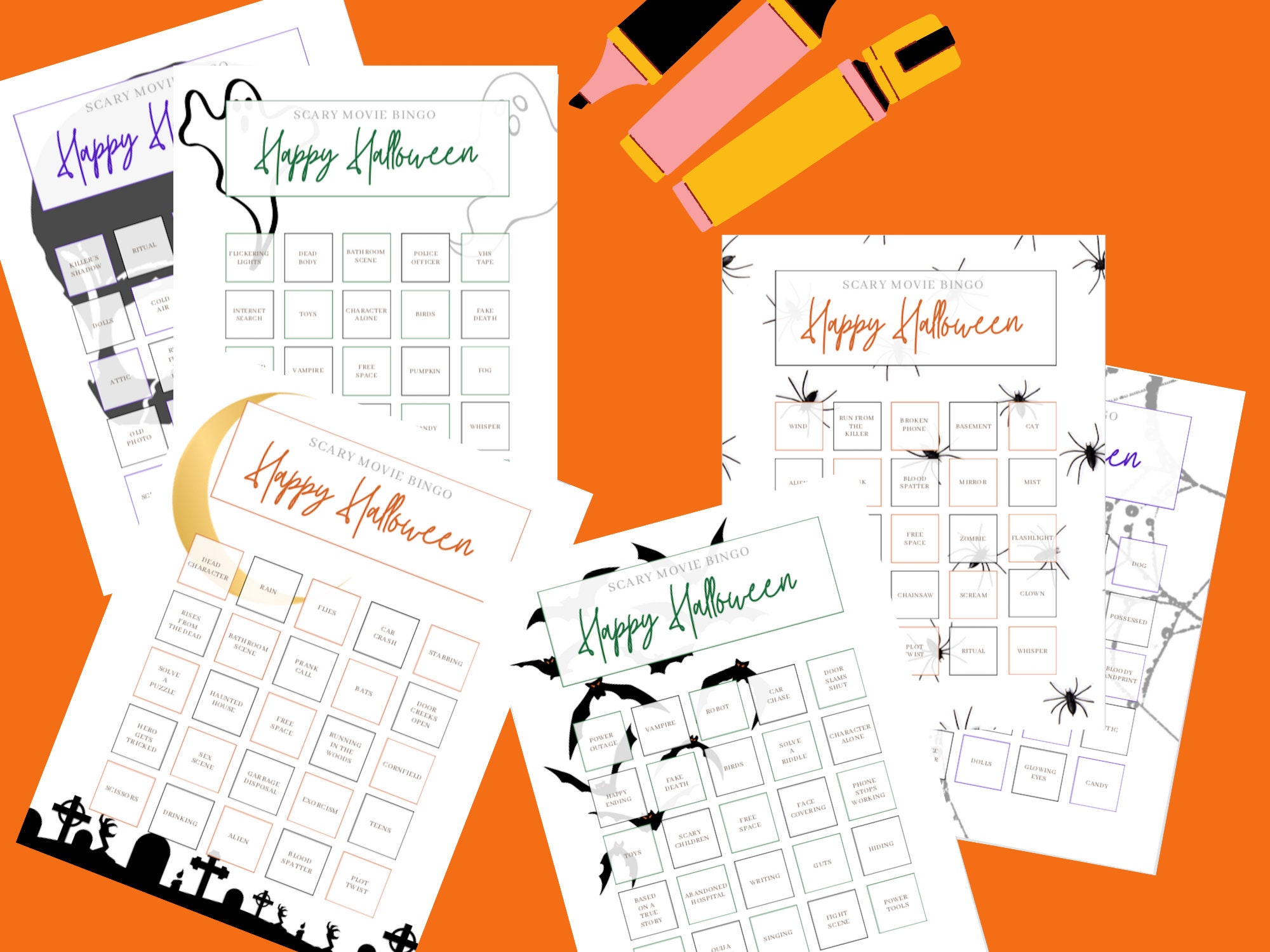 Halloween Scary Movie Printable BINGO Card Pack of 6 - Etsy