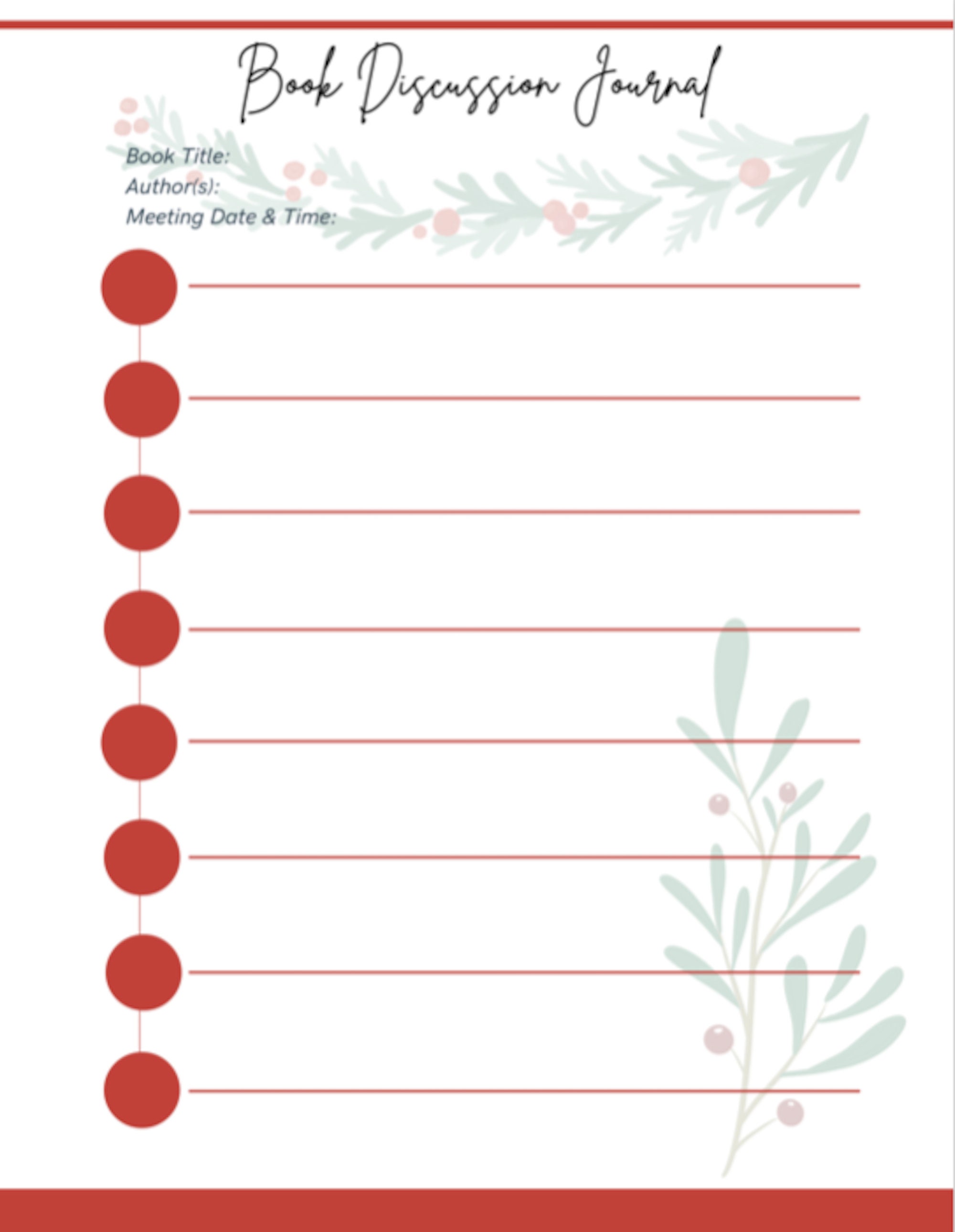 Book Club Discussion Journal Printable Holly Jolly - Etsy