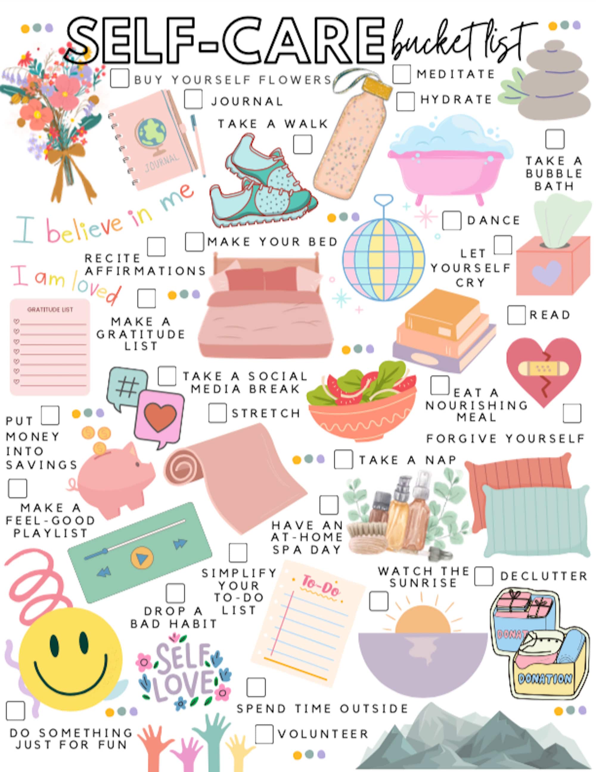 Printable Self-care Bucket List Self-love To-do List - Etsy