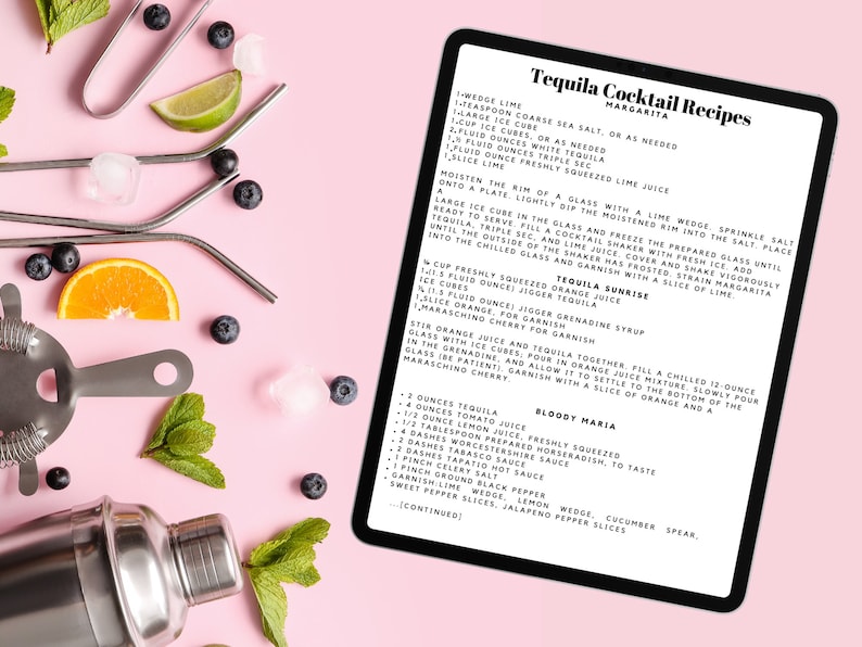 Tequila Cocktail Recipes Printable, Margarita & Tequila Sunrise Drink ...