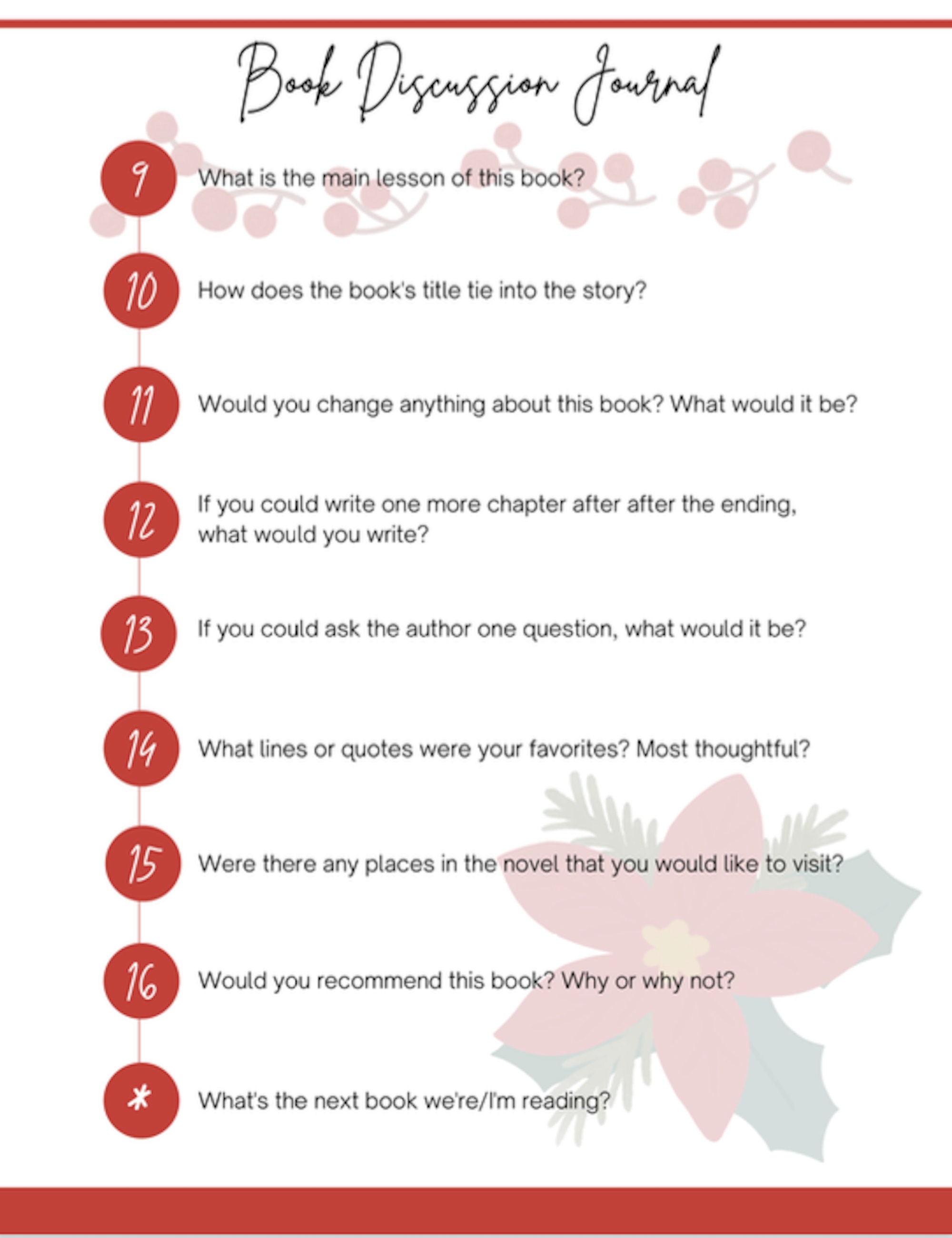 Book Club Discussion Journal Printable Holly Jolly - Etsy