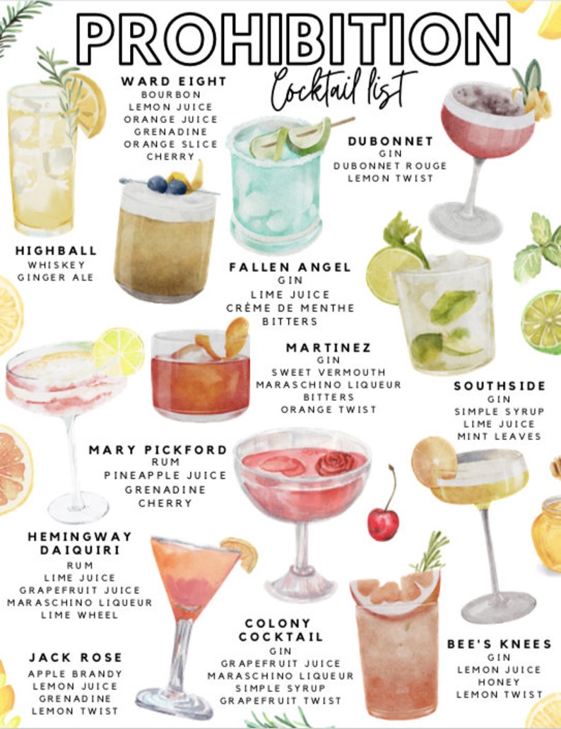 Printable Prohibition Cocktail List | 1920's Drink Recipes - Etsy