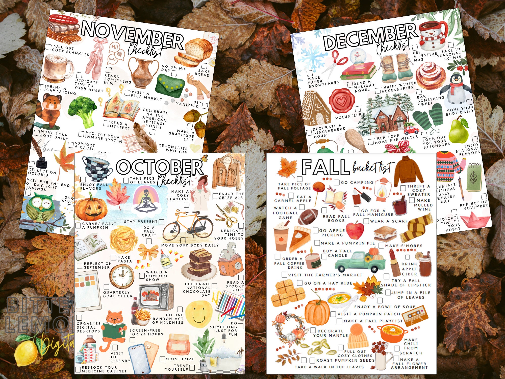 Printable Monthly Fall Checklist Value Pack | October November December ...