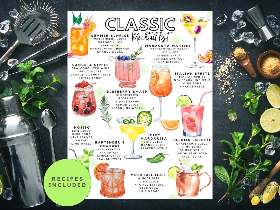 Printable Classic Mocktail List | Flavorful Non-alcoholic Drink Recipes ...