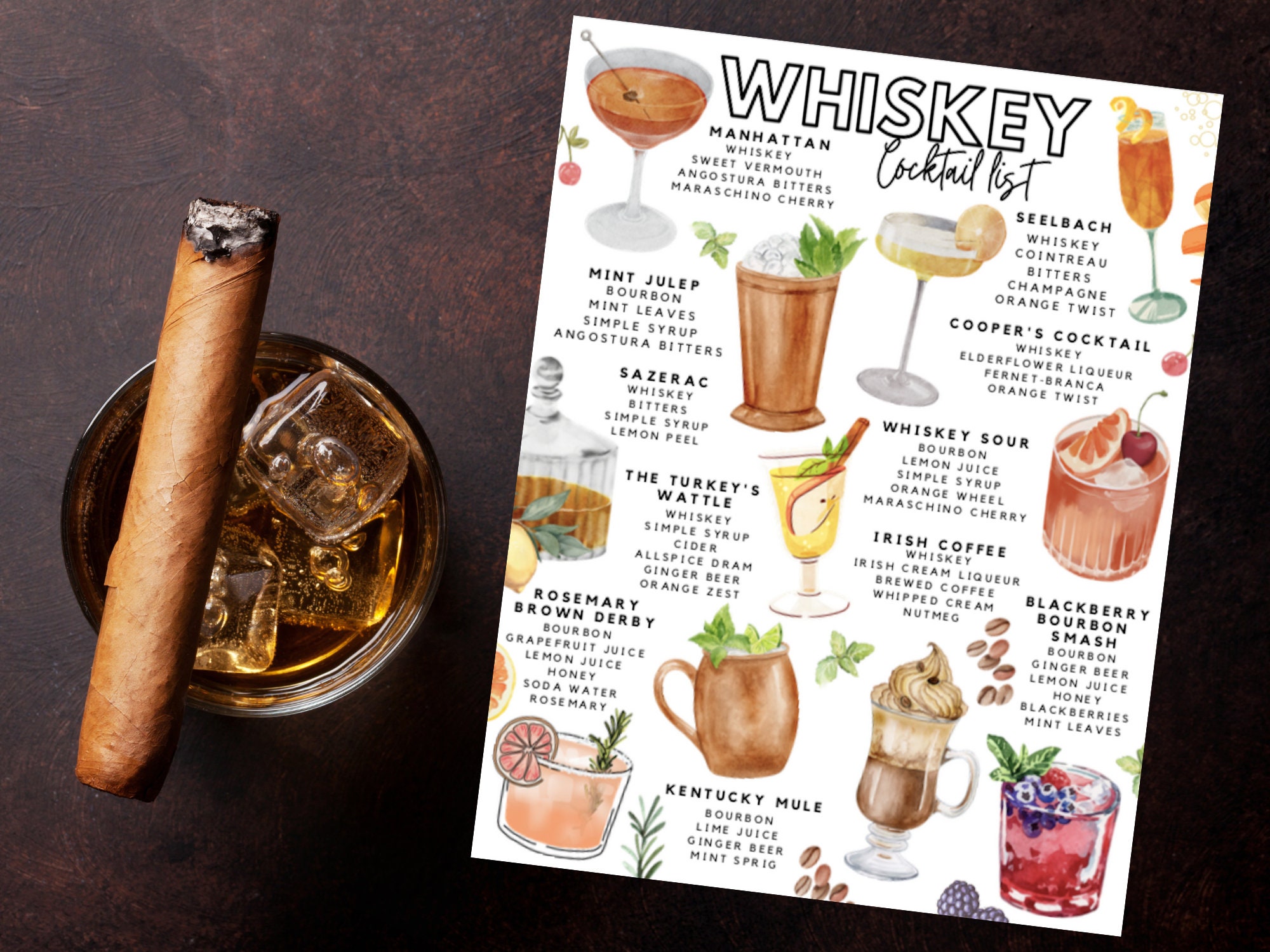 Printable Whiskey Cocktail List | Whiskey Drink Recipes - Etsy