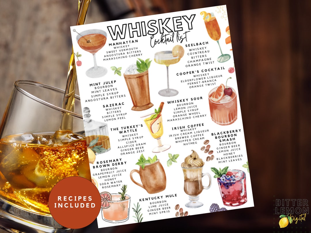 Printable Whiskey Cocktail List | Whiskey Drink Recipes - Etsy