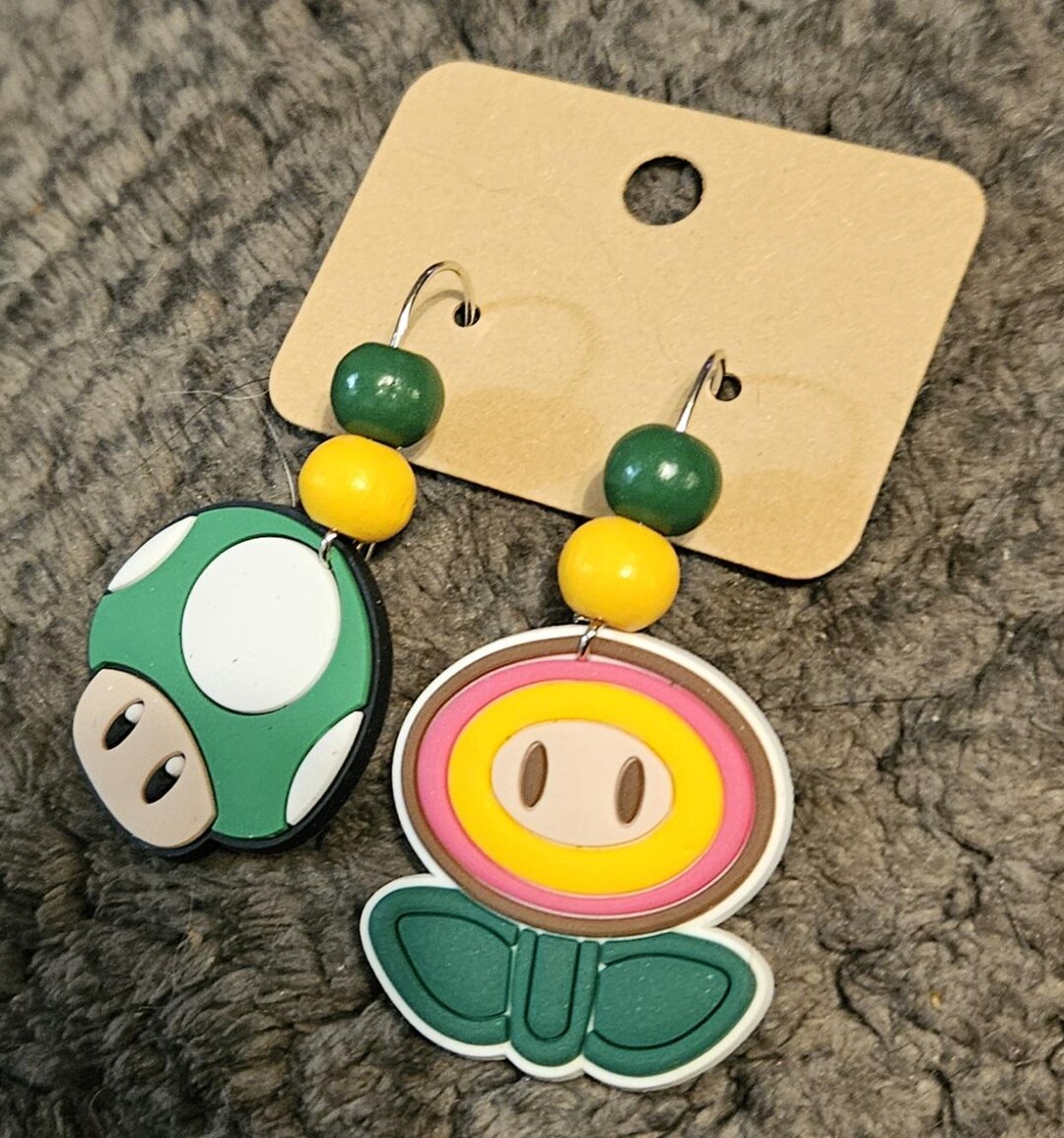 Recycled Shoe Charm Crocs Super Mario Bros Earrings! Fire Flower 1UP ...