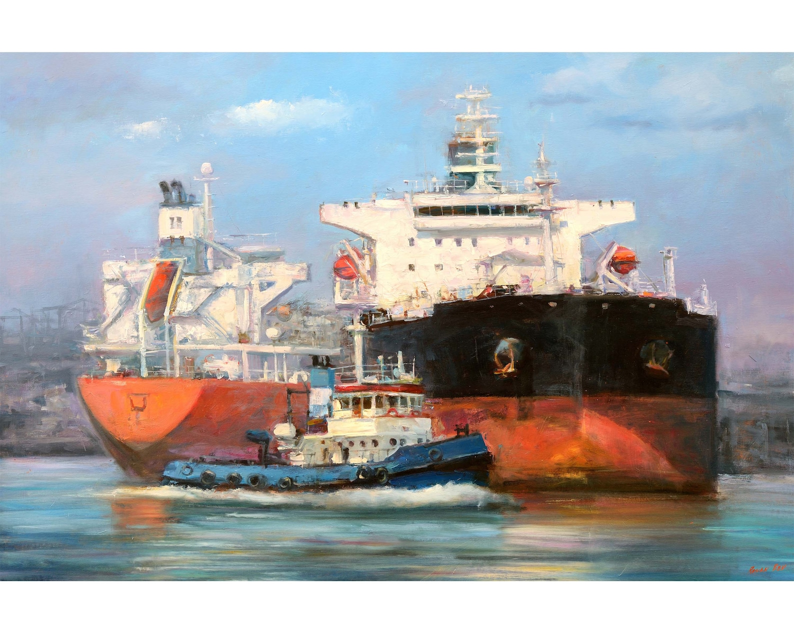 Oil Tanker Ships Oil Painting. Tag Boat in the Port. Fine Art Wall ...