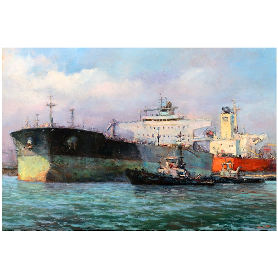 Oil Tanker Ships Oil Painting. Tag Boat in the Port. Fine Art Wall ...