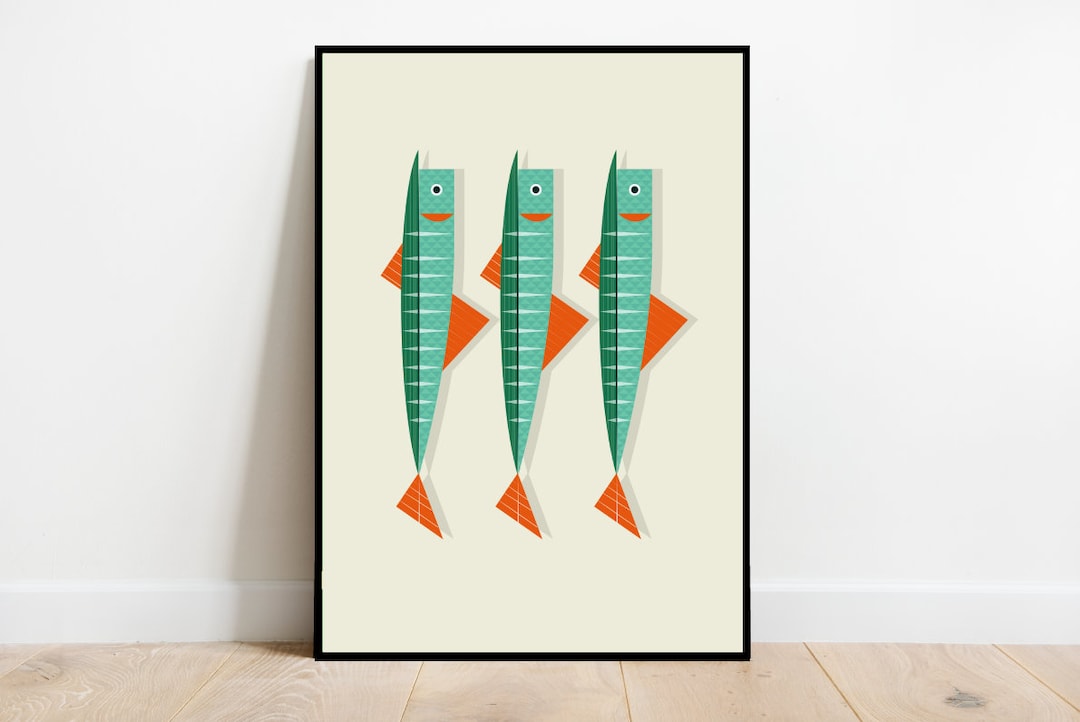 Fish in a Row, Retro Midcentury 1960s Illustration Print/poster Classic ...