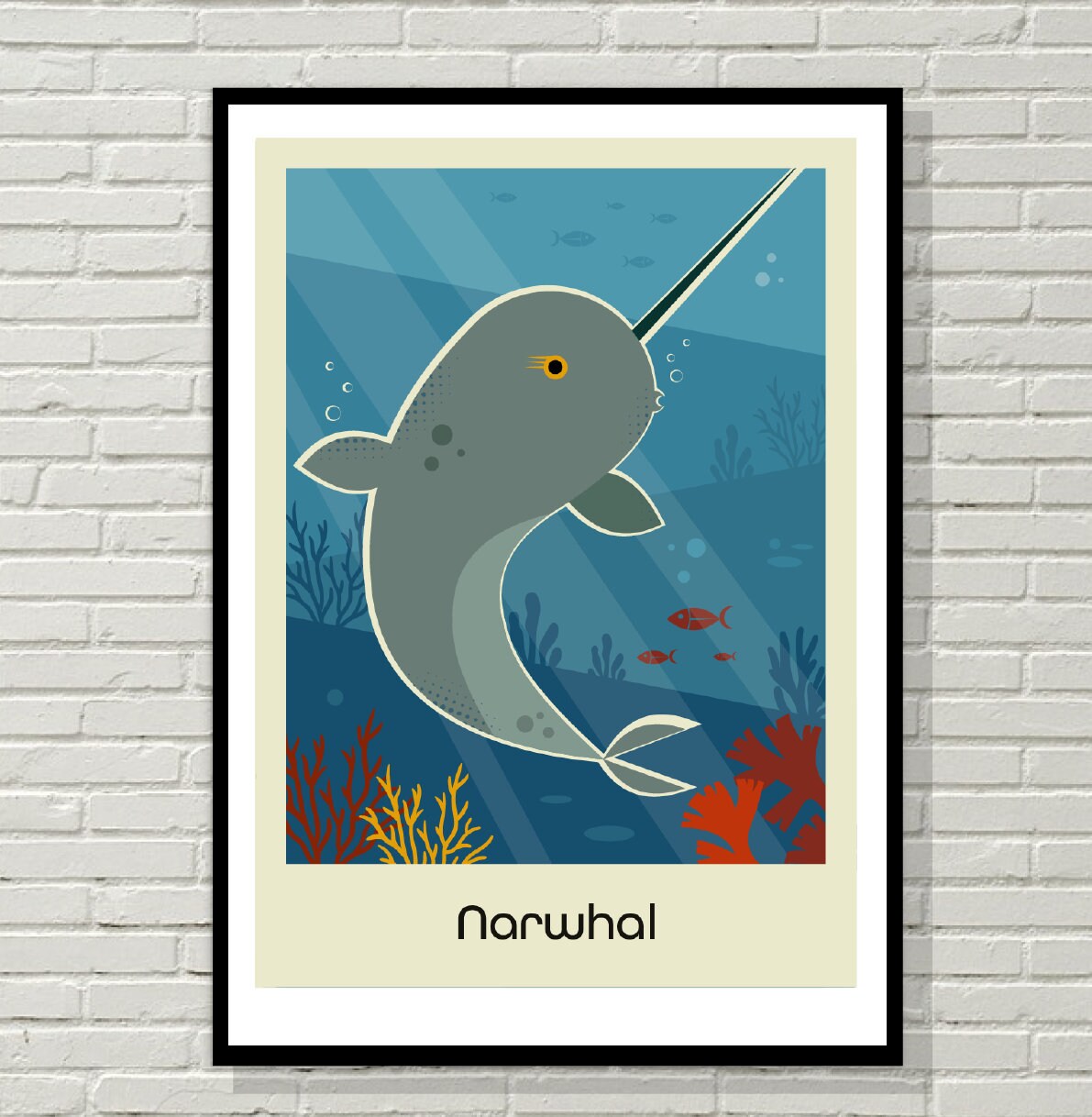 N for Narwhal animal alphabet print retro midcentury 1960s | Etsy