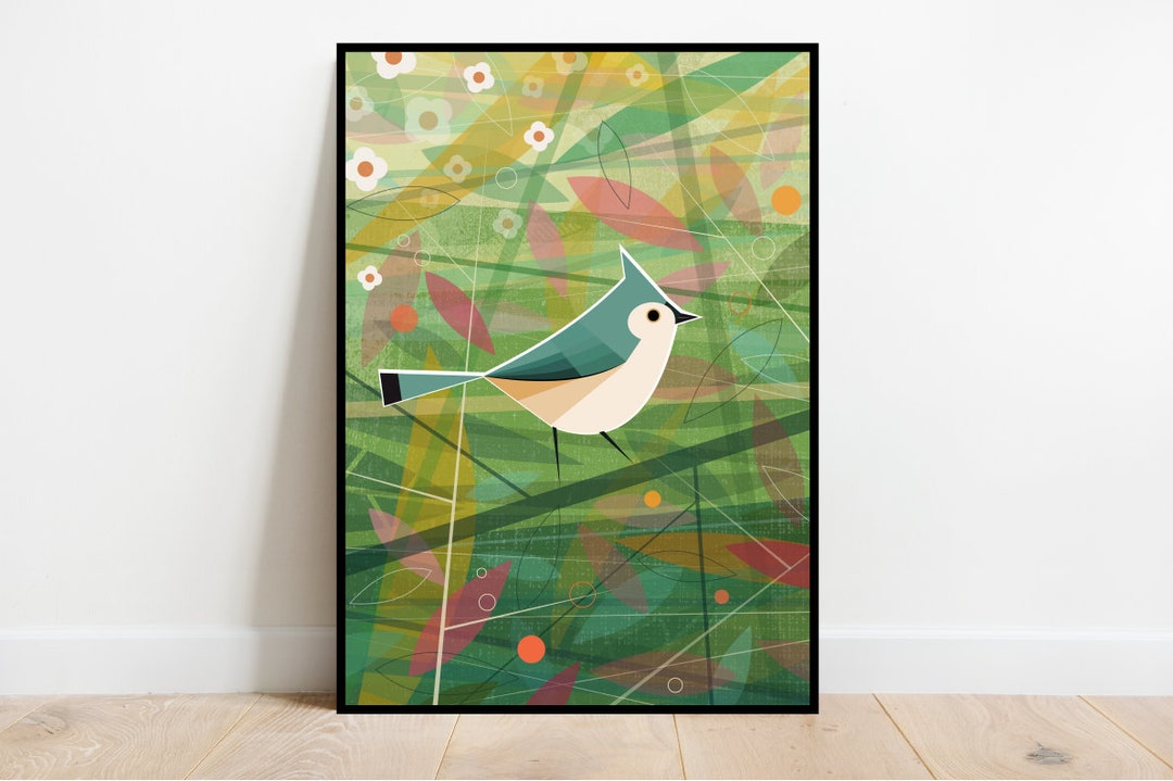 Tufted Titmouse in the Woods Print, Retro Midcentury 1960s Illustration ...