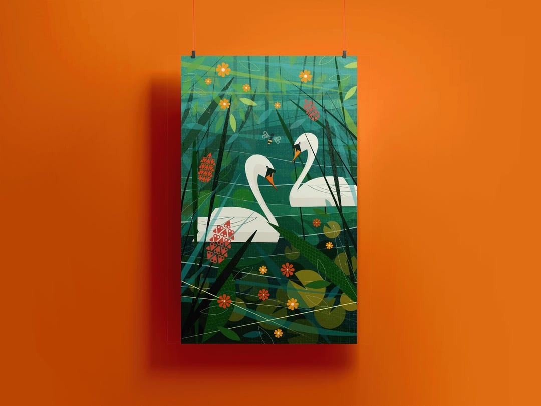 Pair of Swans on Water Tea Towel - Cotton Dish Towel, Kitchenware ...