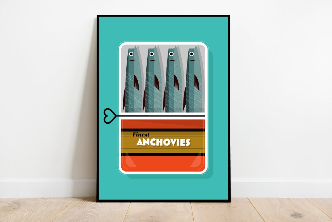 Anchovies in a Tin on Blue, Retro Midcentury 1960s Illustration Print ...