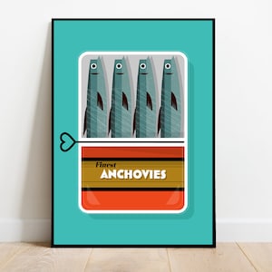 Anchovies in a Tin on Blue, Retro Midcentury 1960s Illustration Print ...