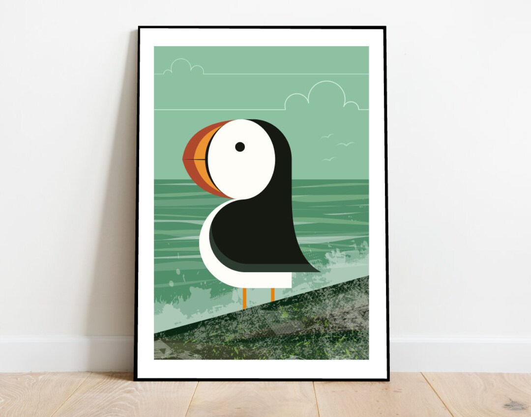 Colorful Puffin on a Rock Print - Retro Bird Illustration - Unique Wall ...