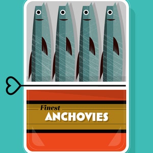 Anchovies in a Tin on Blue, Retro Midcentury 1960s Illustration Print ...
