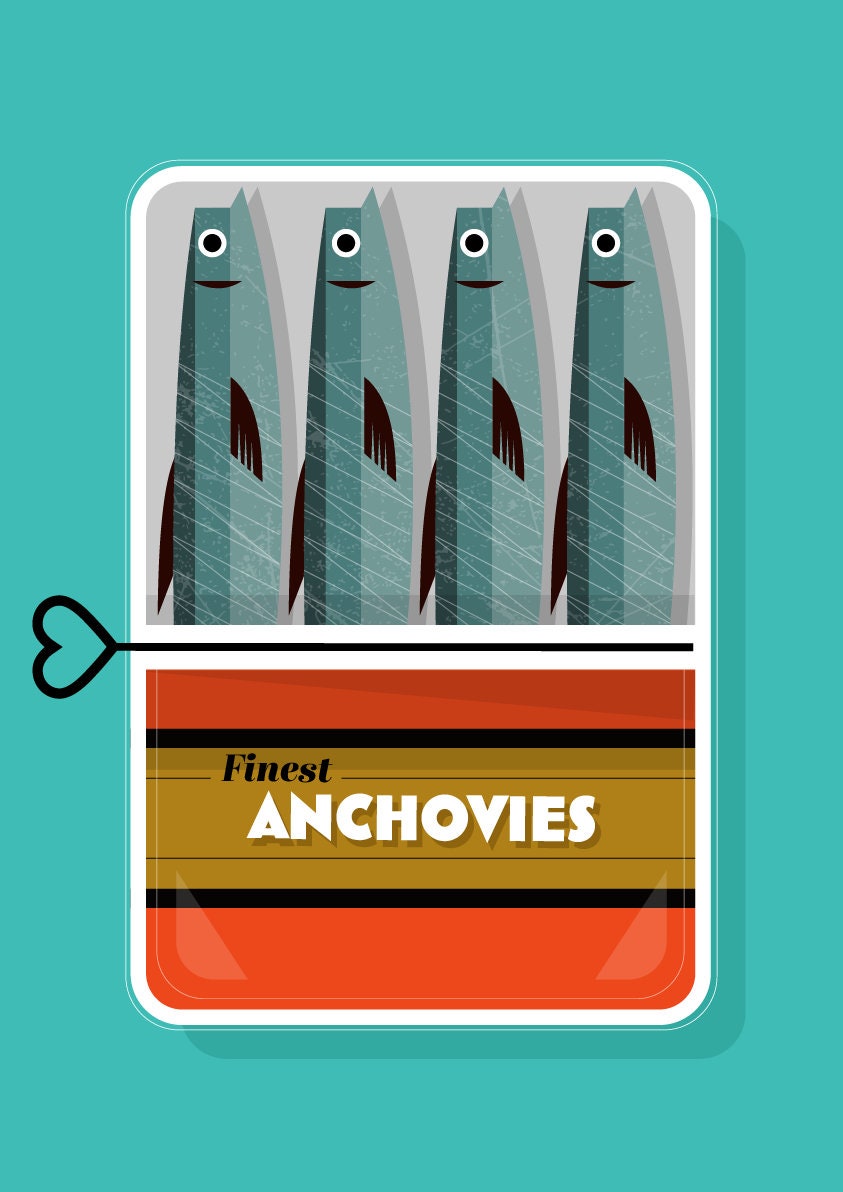 Anchovies in a tin on blue - Retro print — Mr Watson Design