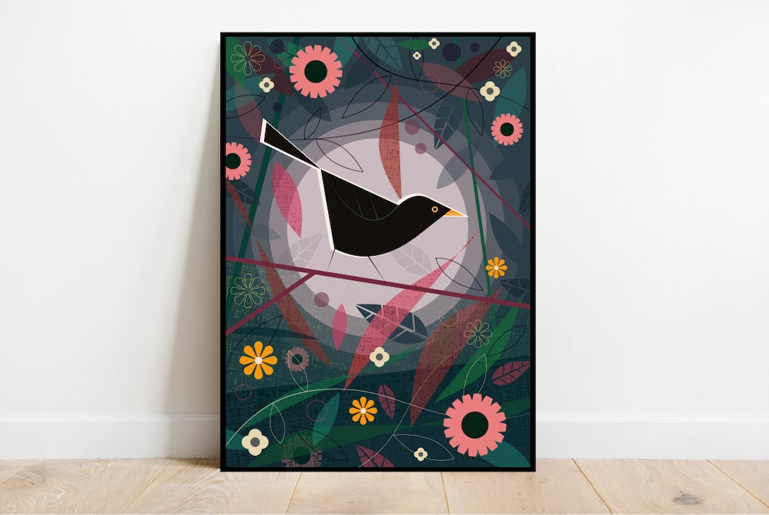 Blackbird Night Garden Print: Retro Mid-century Illustration - Etsy
