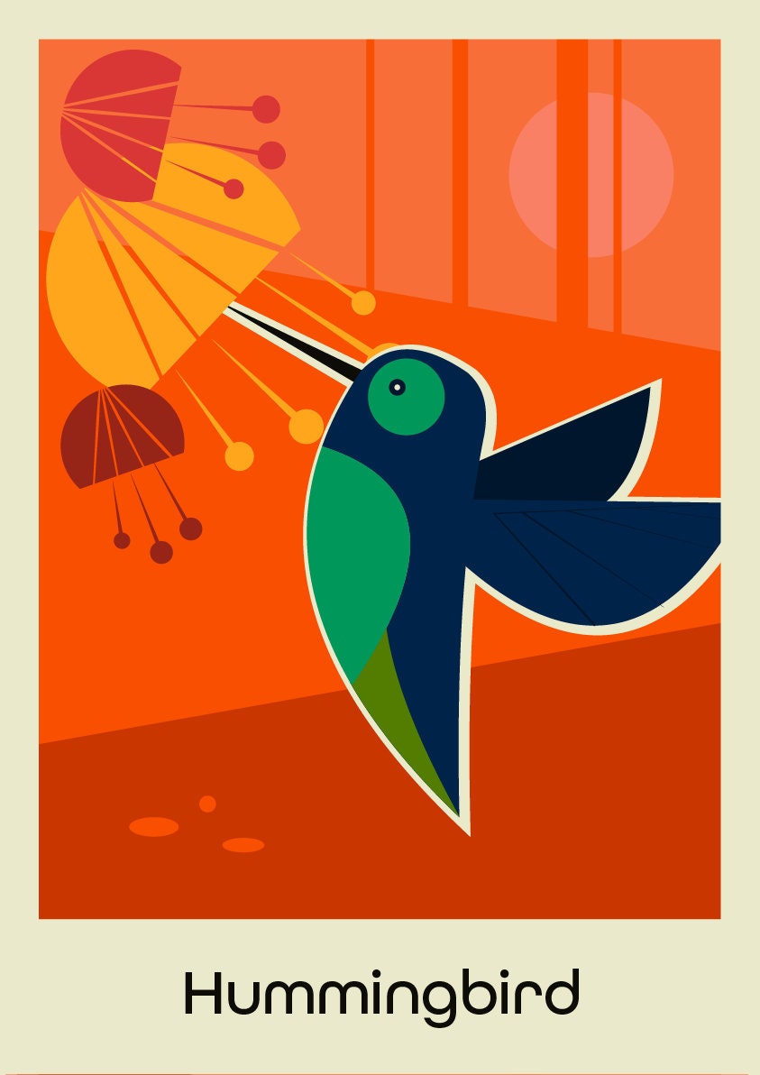 H for Hummingbird Animal Alphabet Print Retro Midcentury - Etsy
