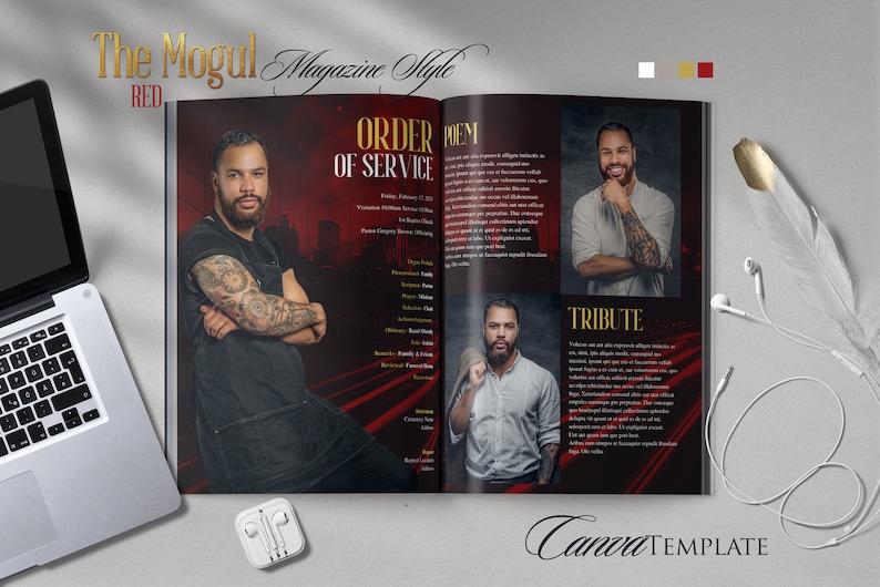 Red Mogul Funeral Program Template: 8-page Magazine Style Obituary ...