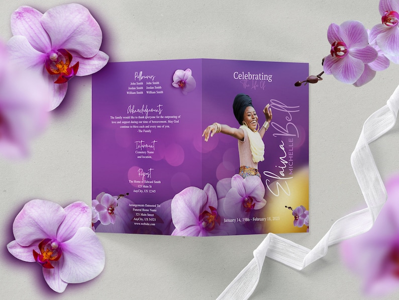 Purple Floral Funeral Program: Large Bifold Memorial (digital Download ...