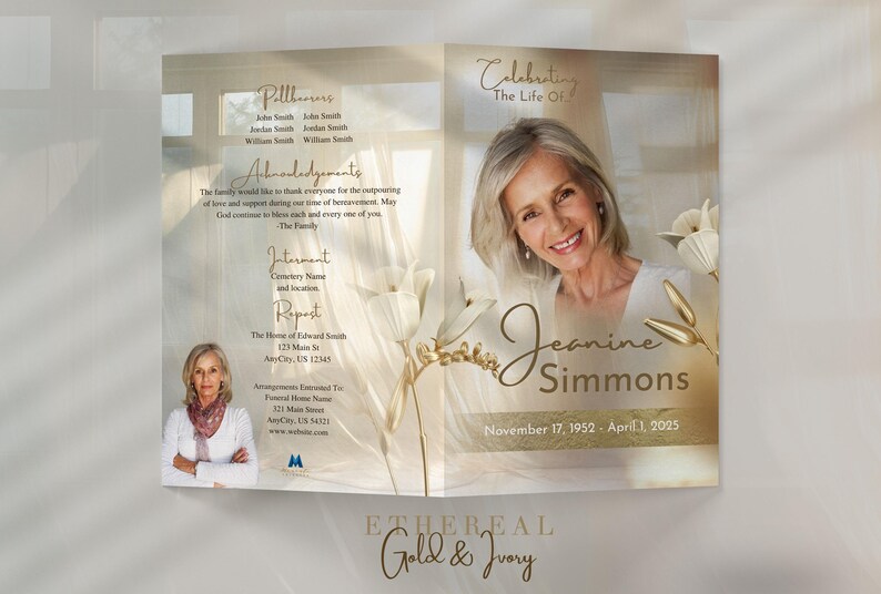 Gold & Ivory Funeral Program Template: Canva Editable Bifold (11x8.5 ...