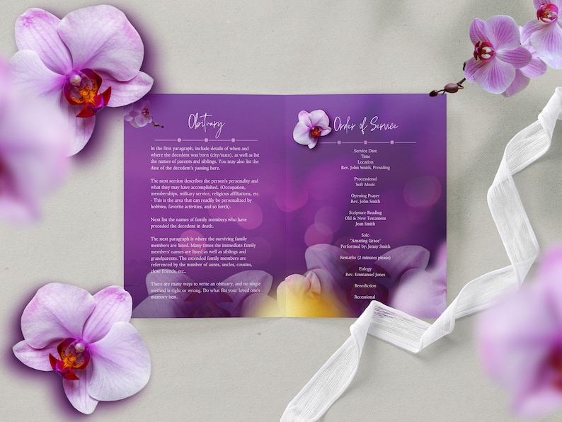 Purple Floral Funeral Program: Large Bifold Memorial (digital Download ...