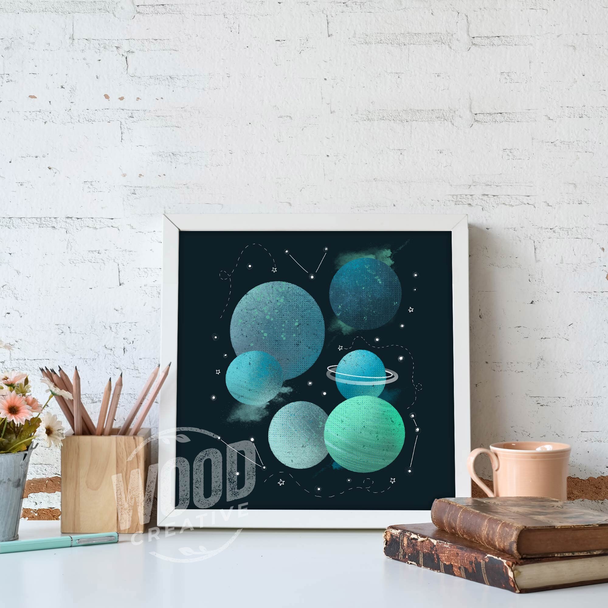 Blue Space, 8x8 Print, Art Print, Illustration, Planets, Stars, Space ...