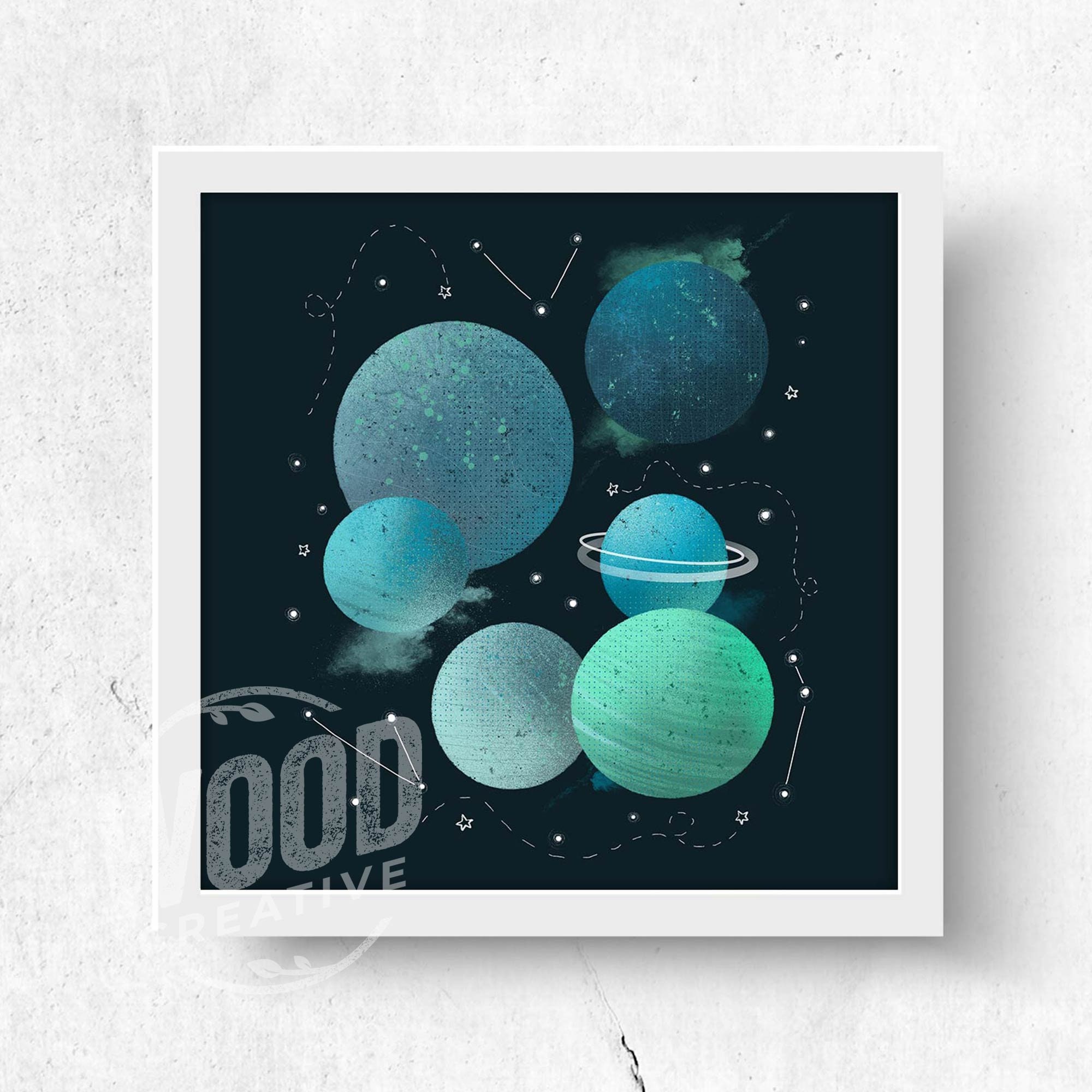 Blue Space, 8x8 Print, Art Print, Illustration, Planets, Stars, Space ...