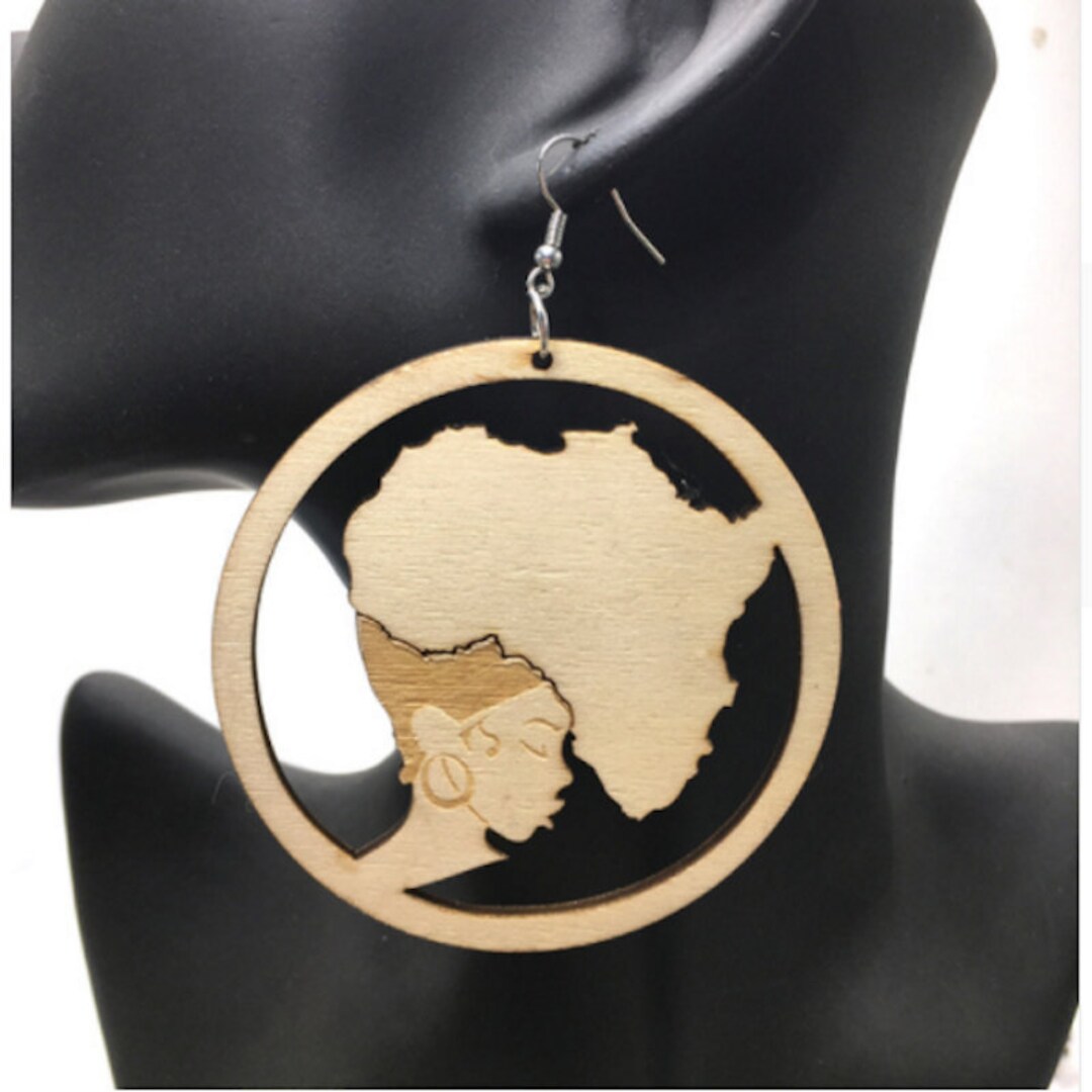 Large Wooden Africa Map Black Woman Afro Dangle Earrings - Etsy