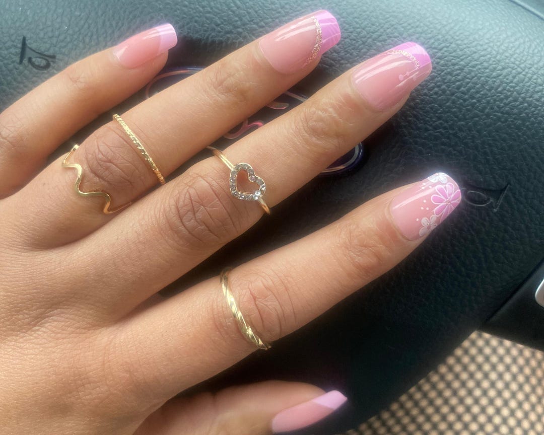 Pink Press on Nails Spring Flowers Girly Fake Nails Medium Length ...