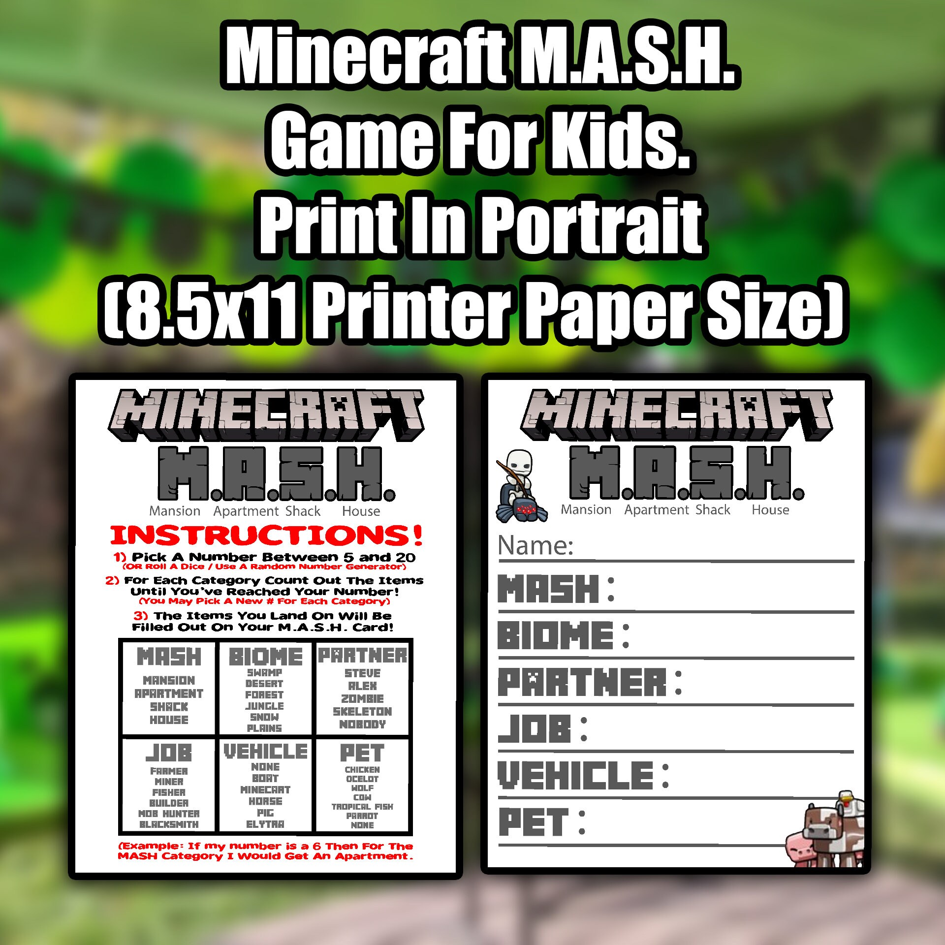 Minecraft MASH Printable Birthday Party Game for Kids - Etsy