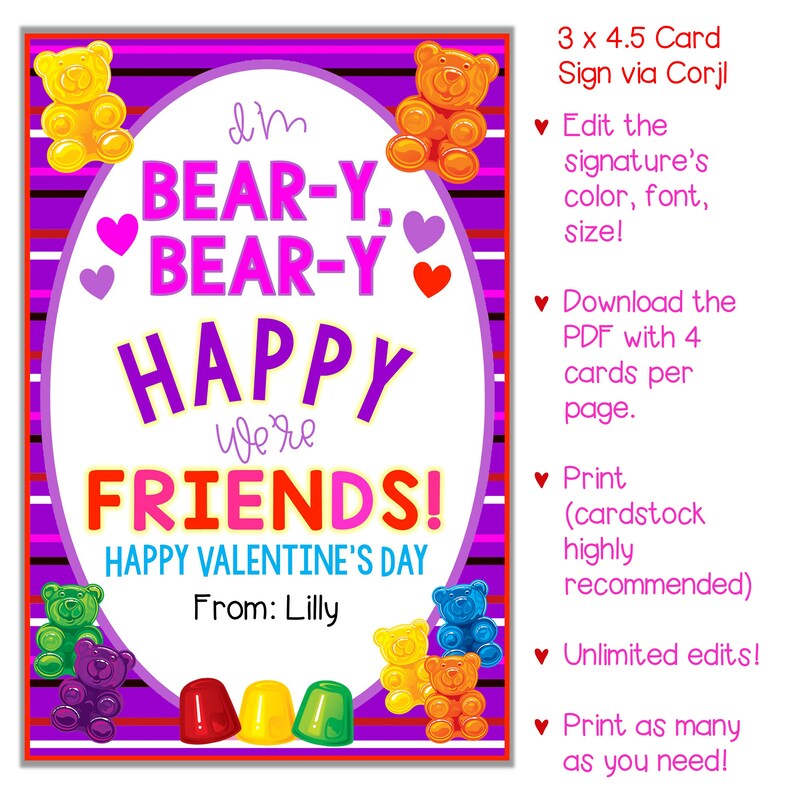 EDITABLE Gummi Bear Valentines, Printable, Kids' Valentine's Day Cards ...