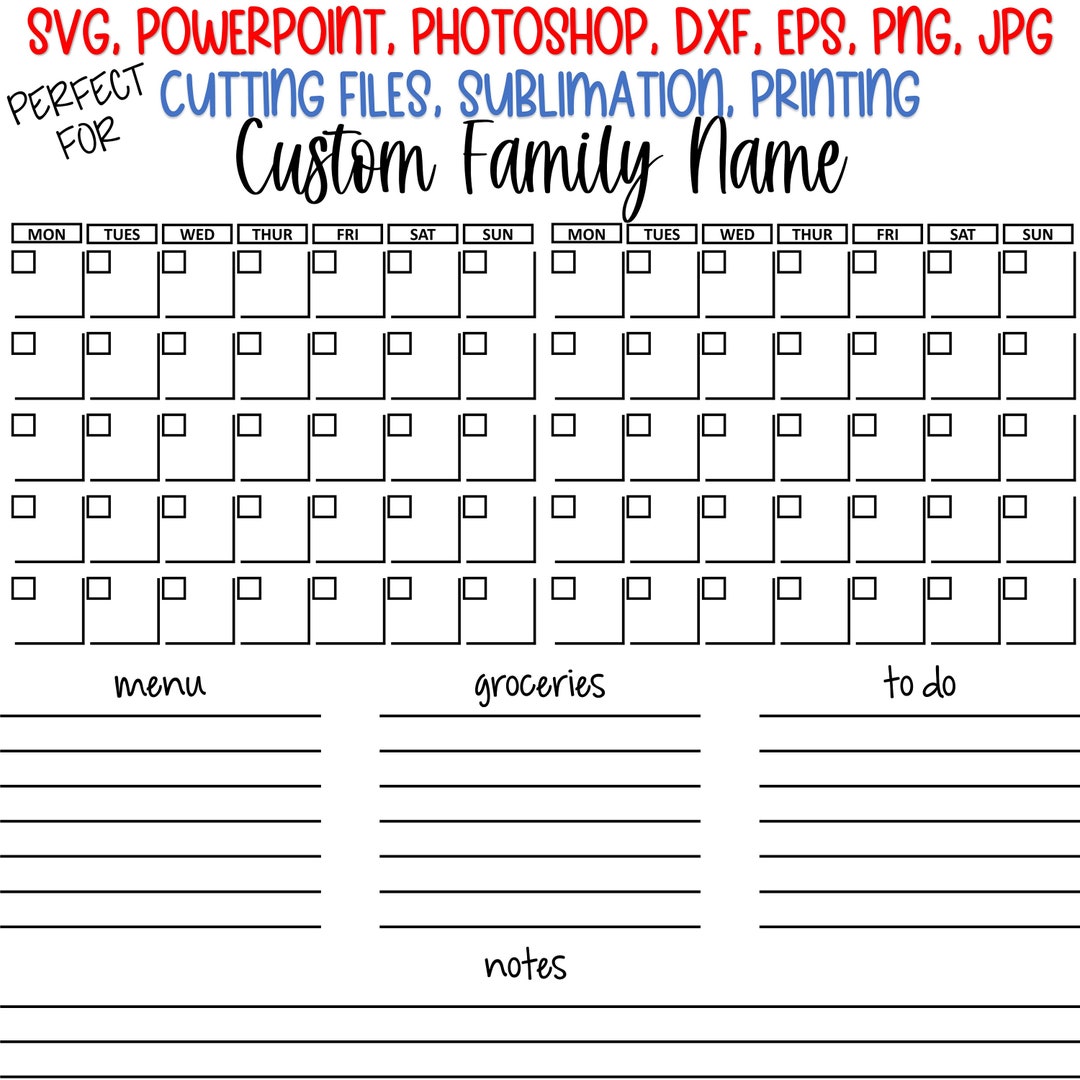 EDITABLE Family Wall Calendar 2 Months per Page. Side by Side Family ...