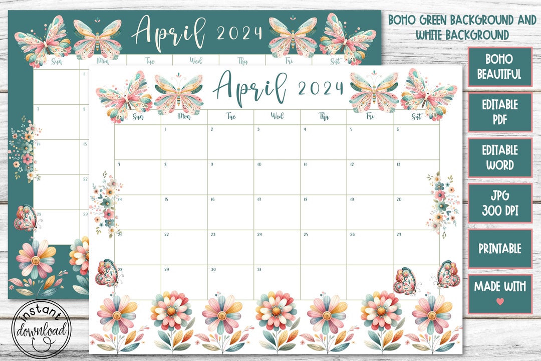 EDITABLE April 2024 Calendar, Printable, Fillable, BOHO Beautiful ...