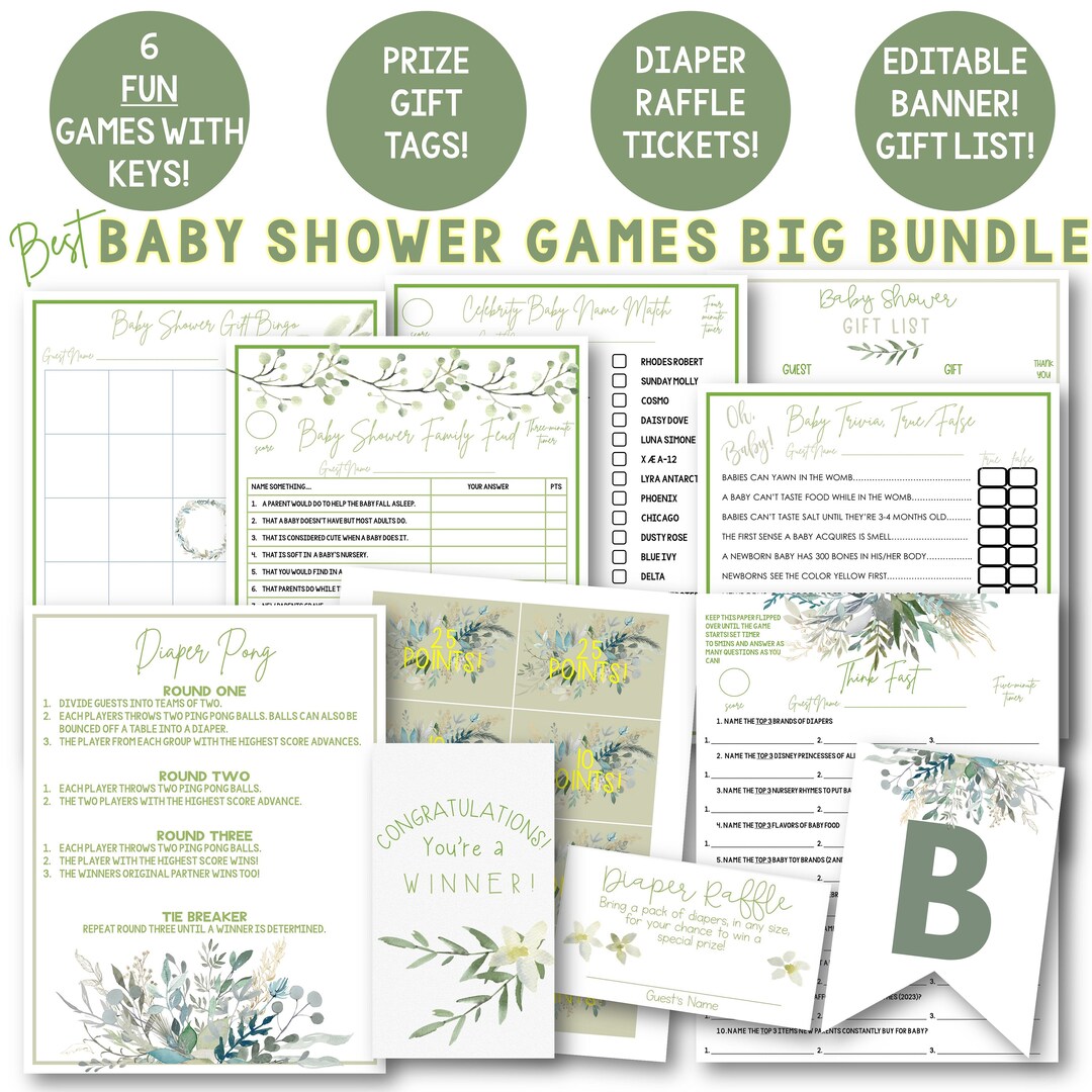 Baby Shower HUGE Game Bundle! Beautiful Greenery Watercolor Design ...